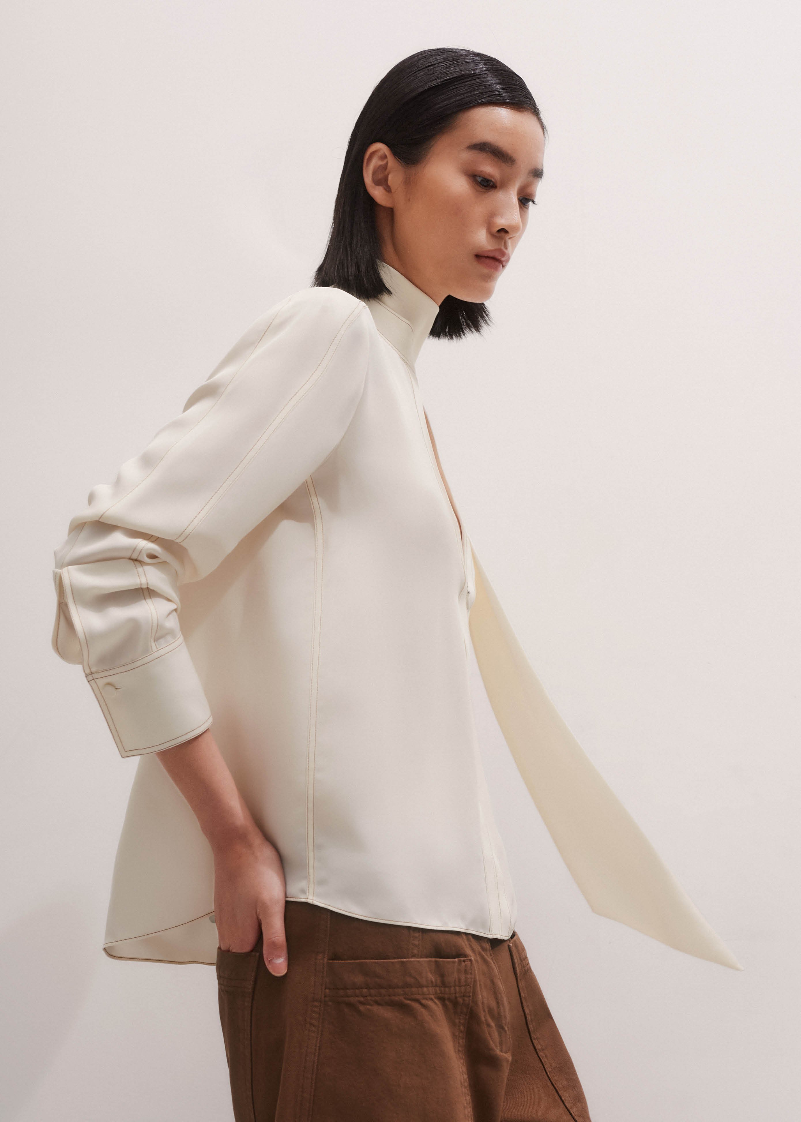 ME+EM Silk Topstitched High Neck Blouse + Tie